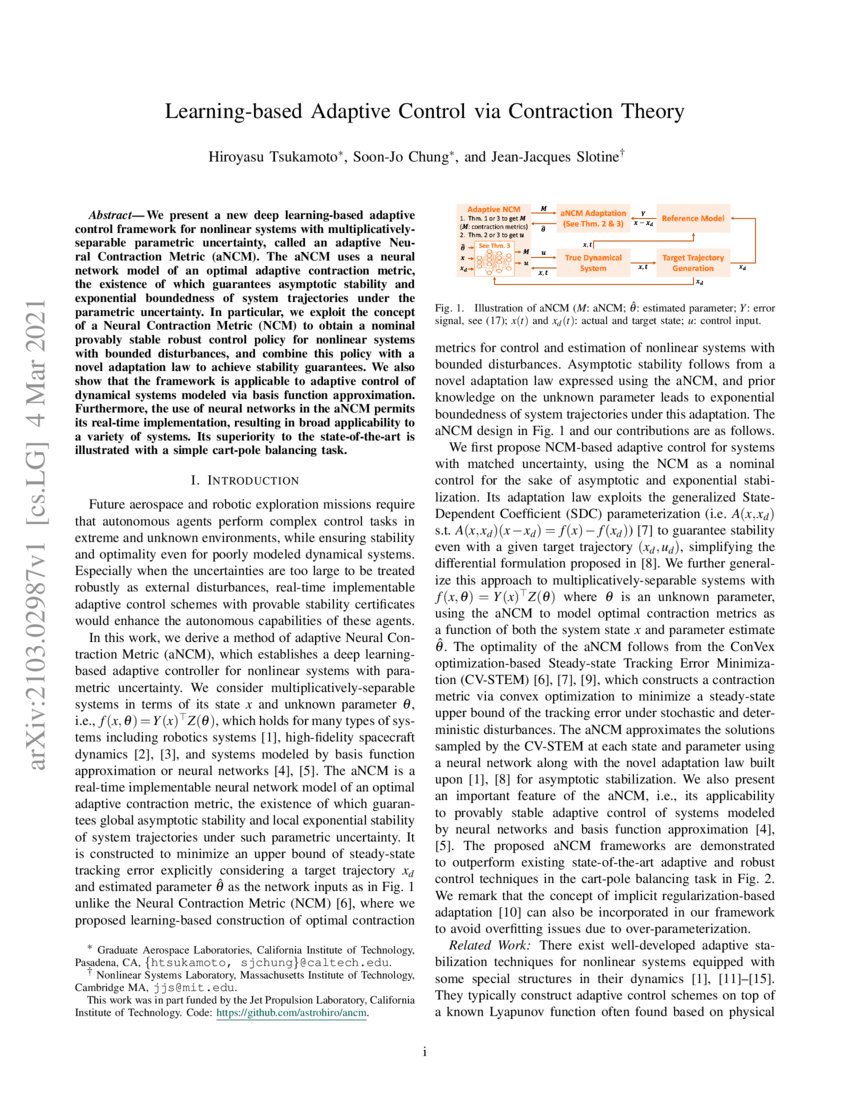 Learning Based Adaptive Control Via Contraction Theory Deepai
