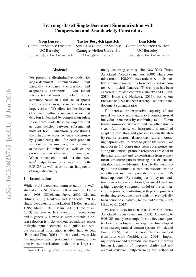 Learning Based Single Document Summarization With Compression And Anaphoricity Constraints Deepai