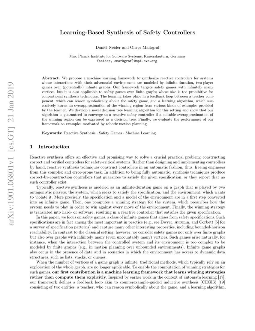 Learning-Based Synthesis of Safety Controllers | DeepAI