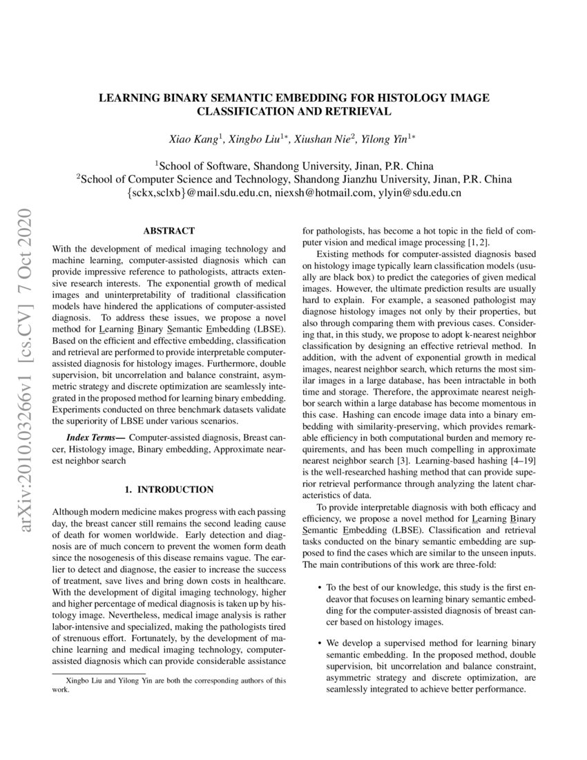 Learning Binary Semantic Embedding for Histology Image Classification and Retrieval | DeepAI