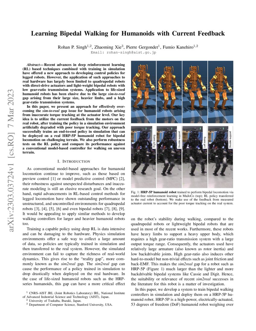 Learning Bipedal Walking for Humanoids with Current Feedback | DeepAI