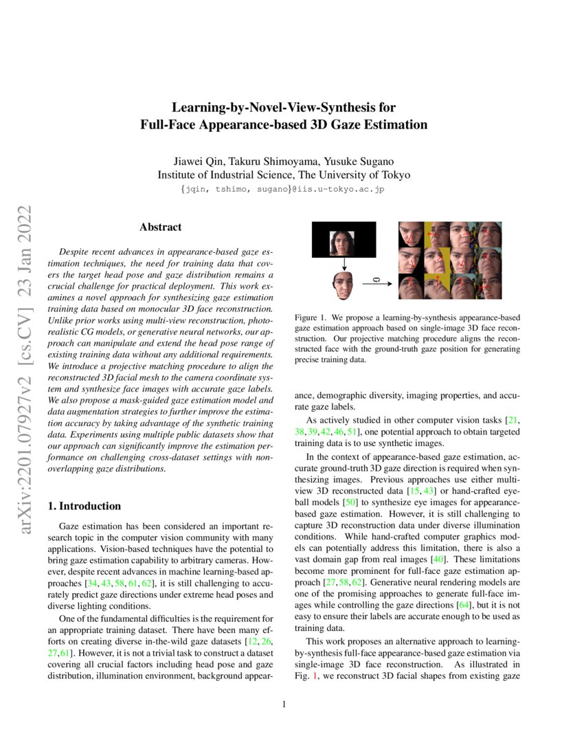 Learning By Novel View Synthesis For Full Face Appearance Based 3d Gaze Estimation Deepai