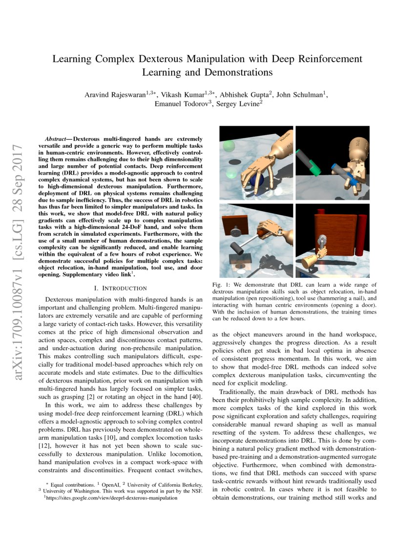 Learning Complex Dexterous Manipulation With Deep Reinforcement