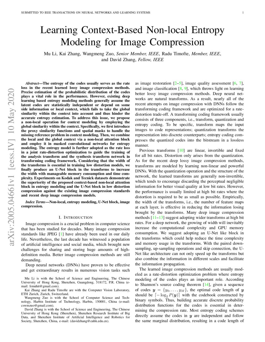 Learning Context-Based Non-local Entropy Modeling for Image Compression | DeepAI