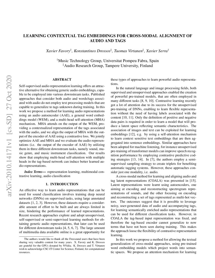 Learning Contextual Tag Embeddings For Cross Modal Alignment Of Audio And Tags Deepai