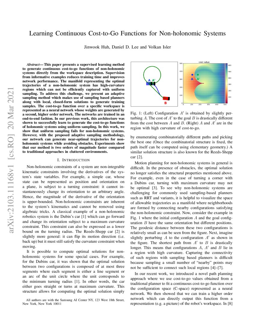 Learning Continuous Cost-to-Go Functions for Non-holonomic Systems | DeepAI