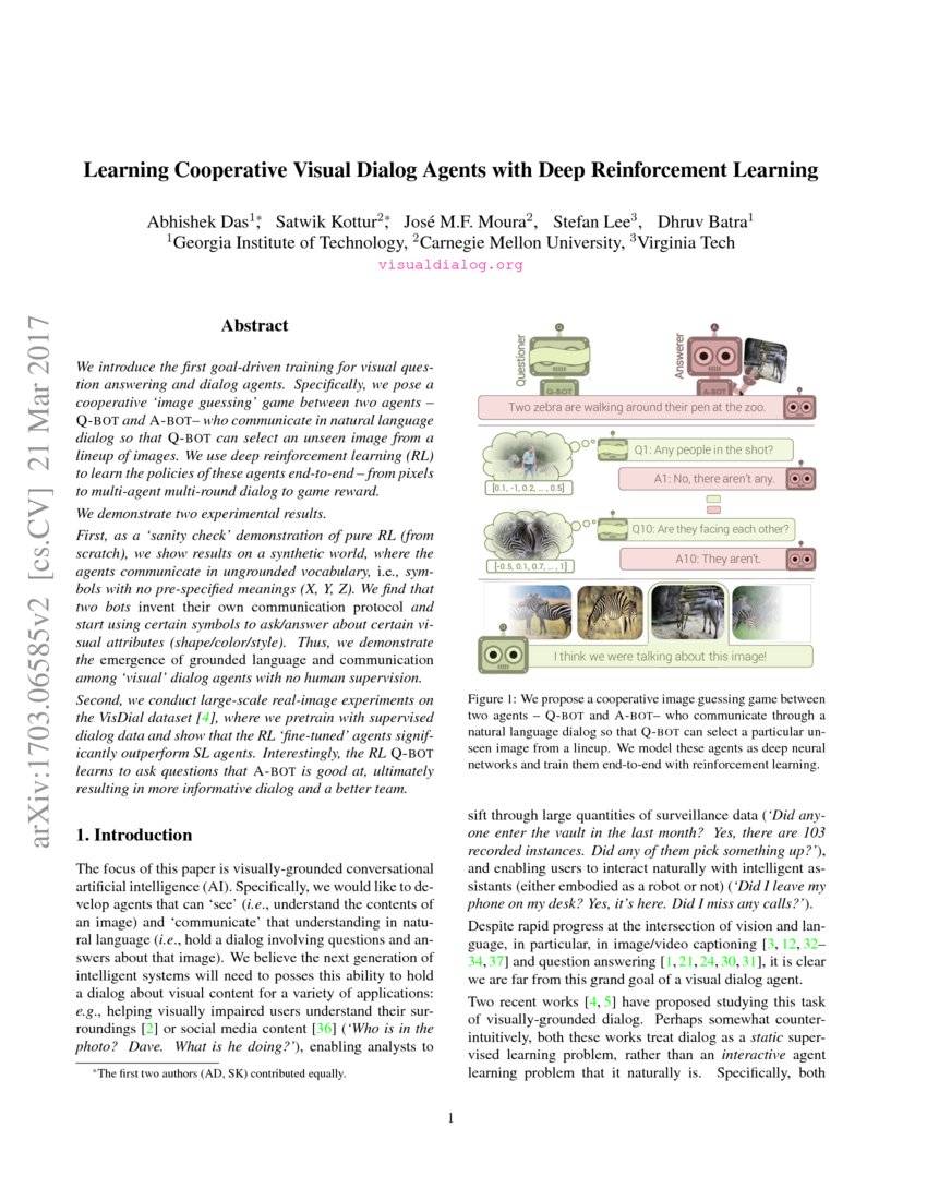 Learning Cooperative Visual Dialog Agents with Deep Reinforcement Learning | DeepAI
