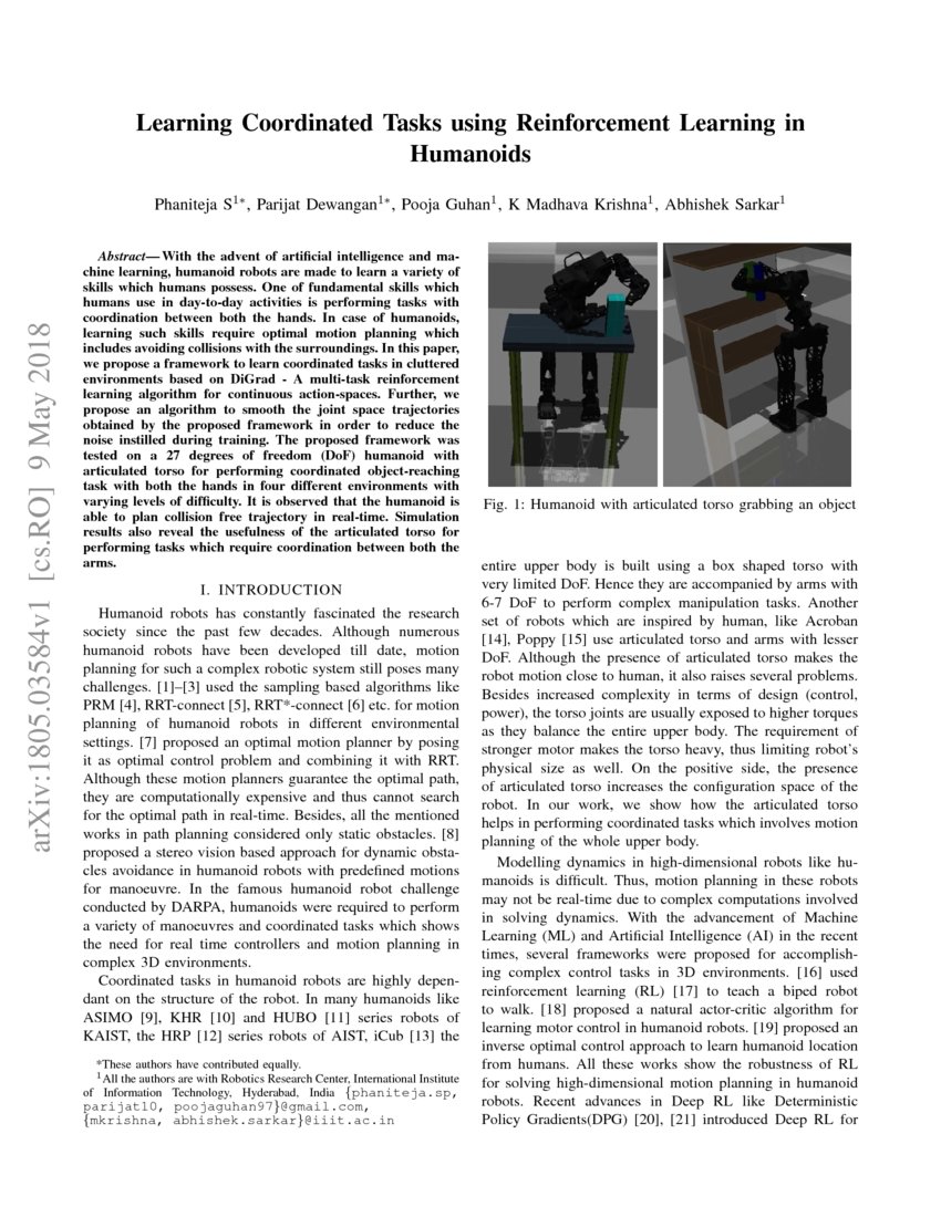 Learning Coordinated Tasks using Reinforcement Learning in Humanoids | DeepAI