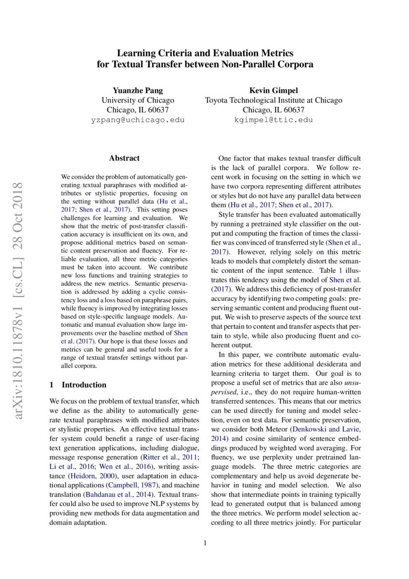 Learning Criteria And Evaluation Metrics For Textual Transfer Between Non Parallel Corpora Deepai