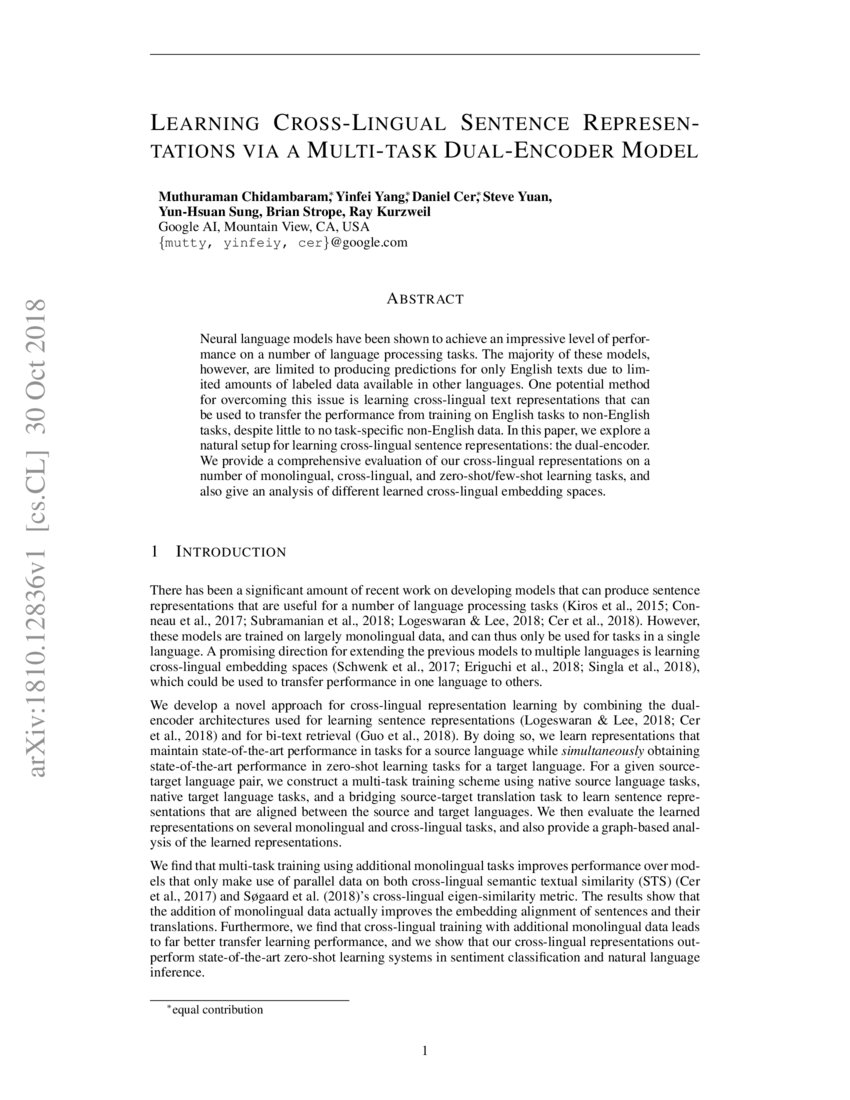 Learning Cross-Lingual Sentence Representations via a Multi-task Dual-Encoder Model | DeepAI