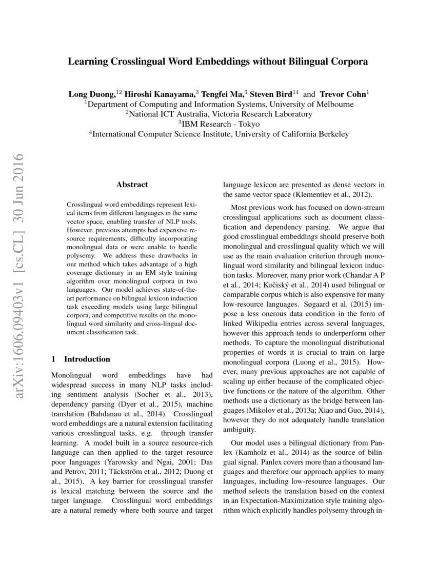 Learning Crosslingual Word Embeddings Without Bilingual Corpora Deepai