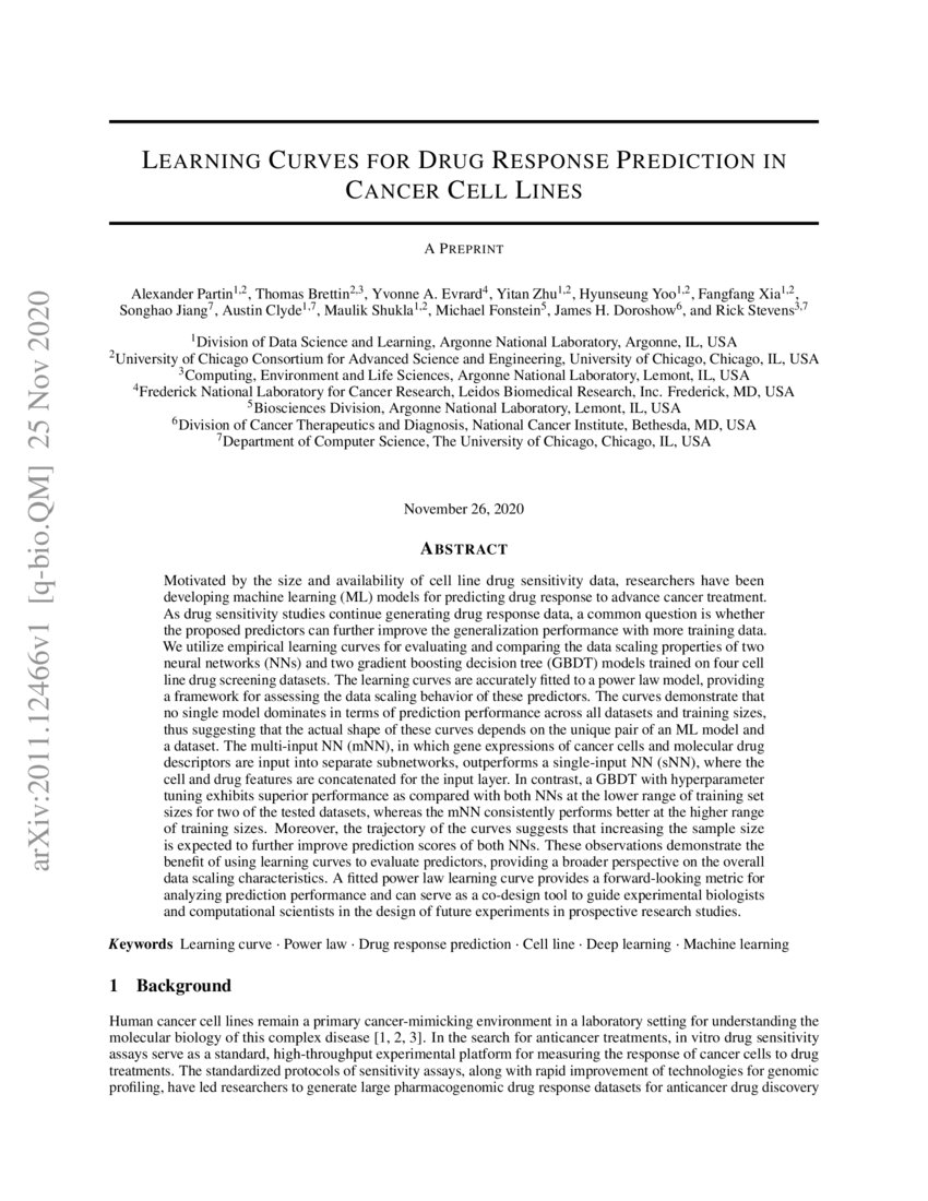 Learning Curves for Drug Response Prediction in Cancer Cell Lines | DeepAI