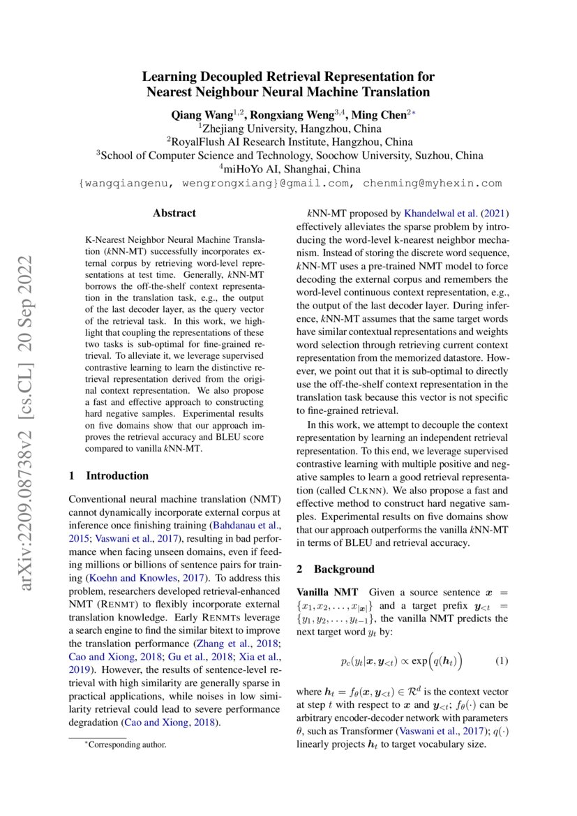 Learning Decoupled Retrieval Representation for Nearest Neighbour Neural Machine Translation ...