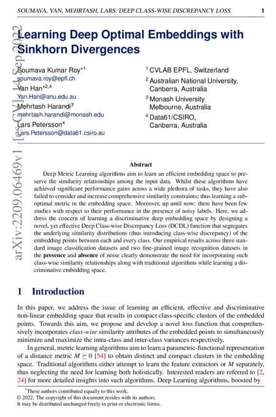 Learning Deep Optimal Embeddings with Sinkhorn Divergences | DeepAI
