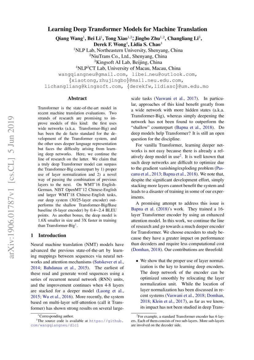 Learning Deep Transformer Models for Machine Translation | DeepAI