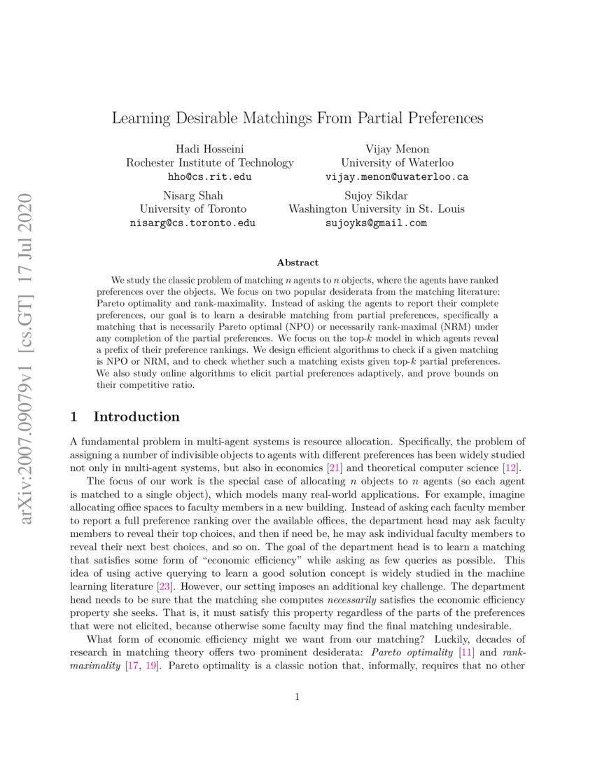 Learning Desirable Matchings From Partial Preferences | DeepAI