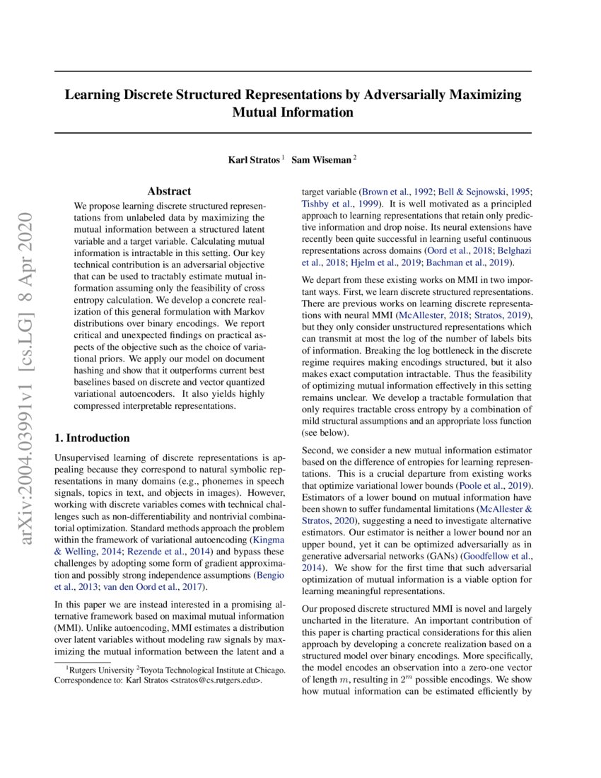 Learning Discrete Structured Representations by Adversarially ...