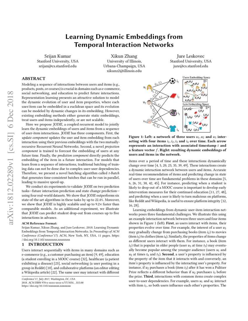 Learning Dynamic Embeddings from Temporal Interactions | DeepAI Learning Dynamic Embeddings from Temporal Interactions | DeepAI