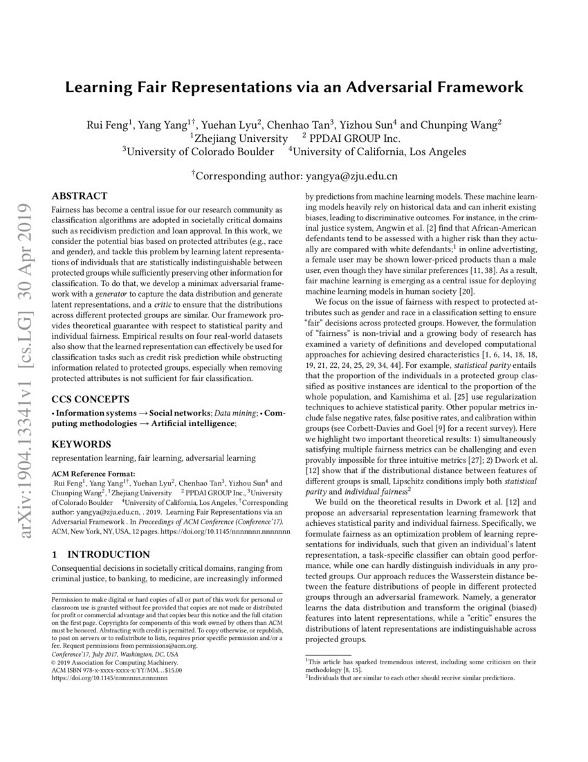 Learning Fair Representations via an Adversarial Framework | DeepAI