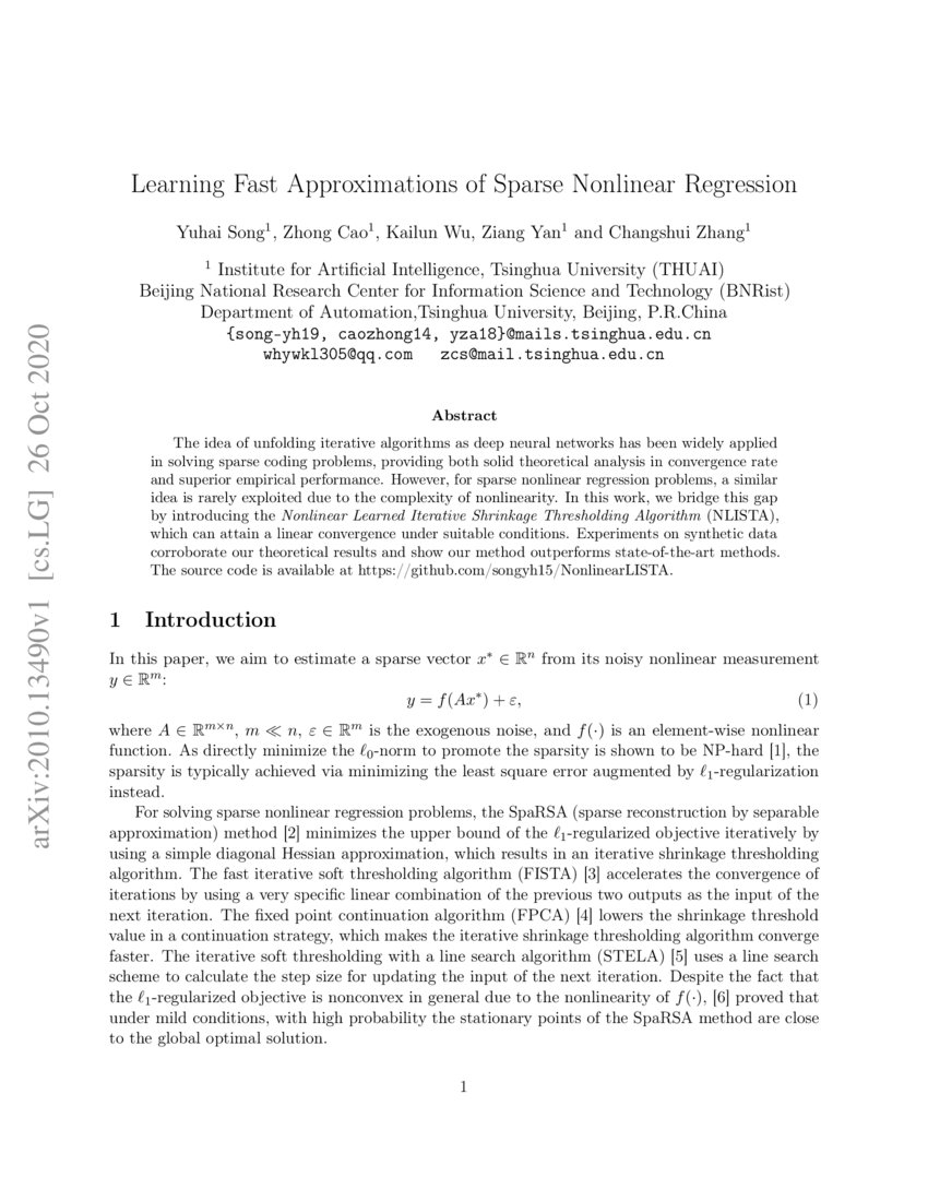 Learning Fast Approximations Of Sparse Nonlinear Regression Deepai 5872