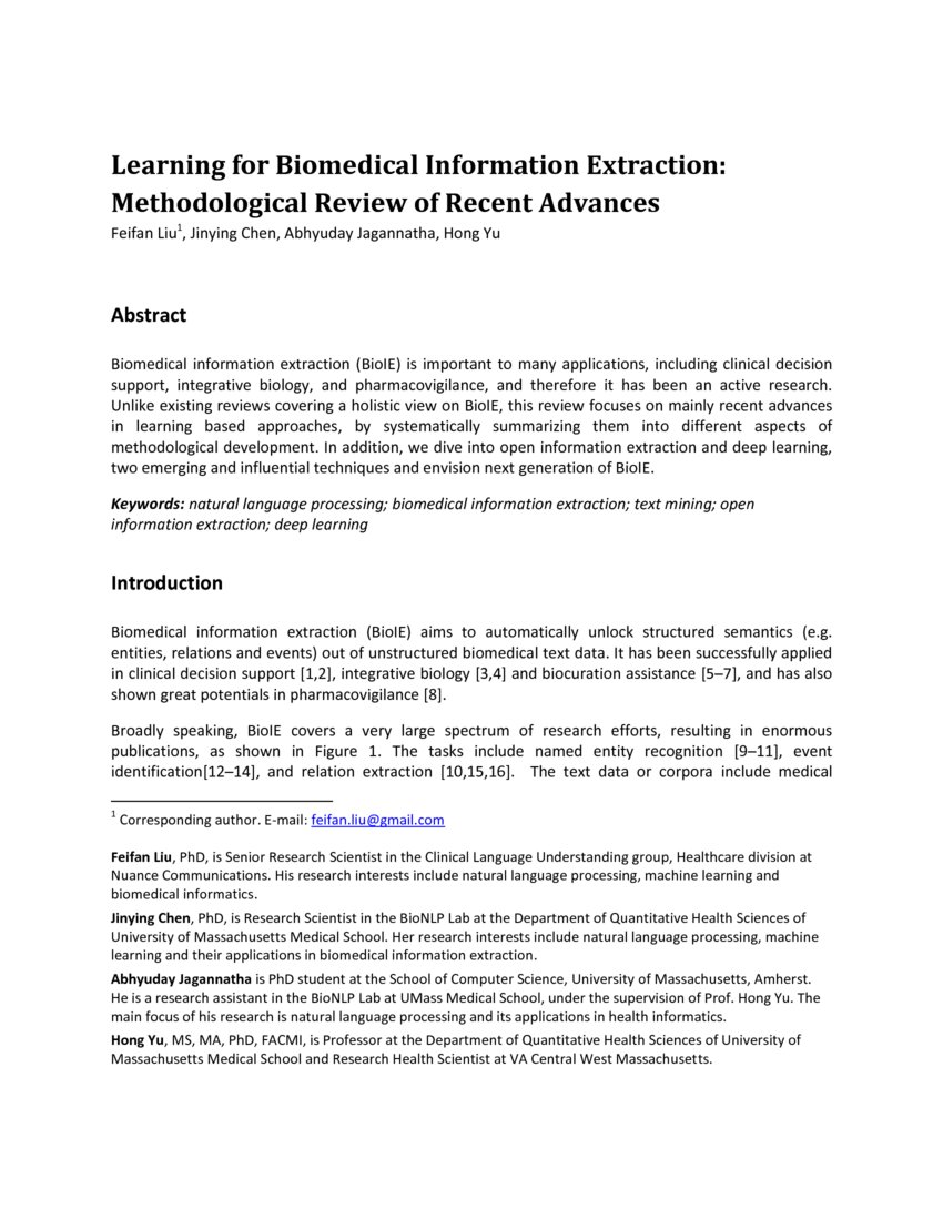 Learning For Biomedical Information Extraction Methodological Review Of Recent Advances Deepai