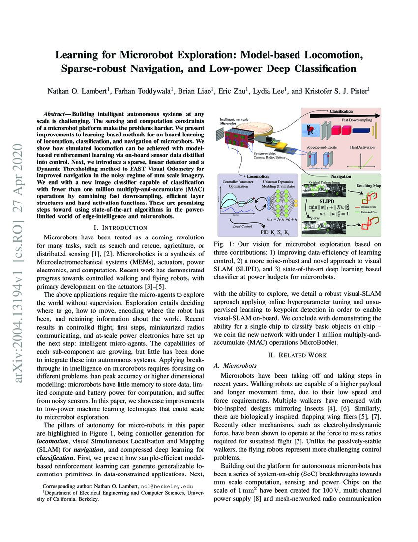Learning For Microrobot Exploration Model Based Locomotion Sparse Robust Navigation And Low