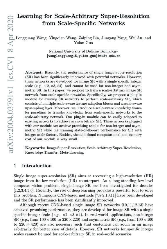 Learning for Scale-Arbitrary Super-Resolution from Scale-Specific Networks | DeepAI