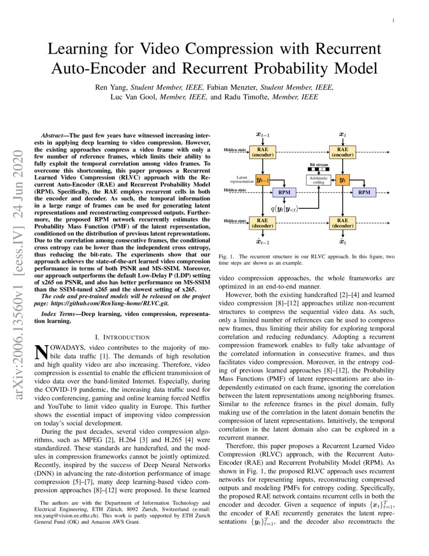 Learning for Video Compression with Recurrent Auto-Encoder and Recurrent Probability Model | DeepAI