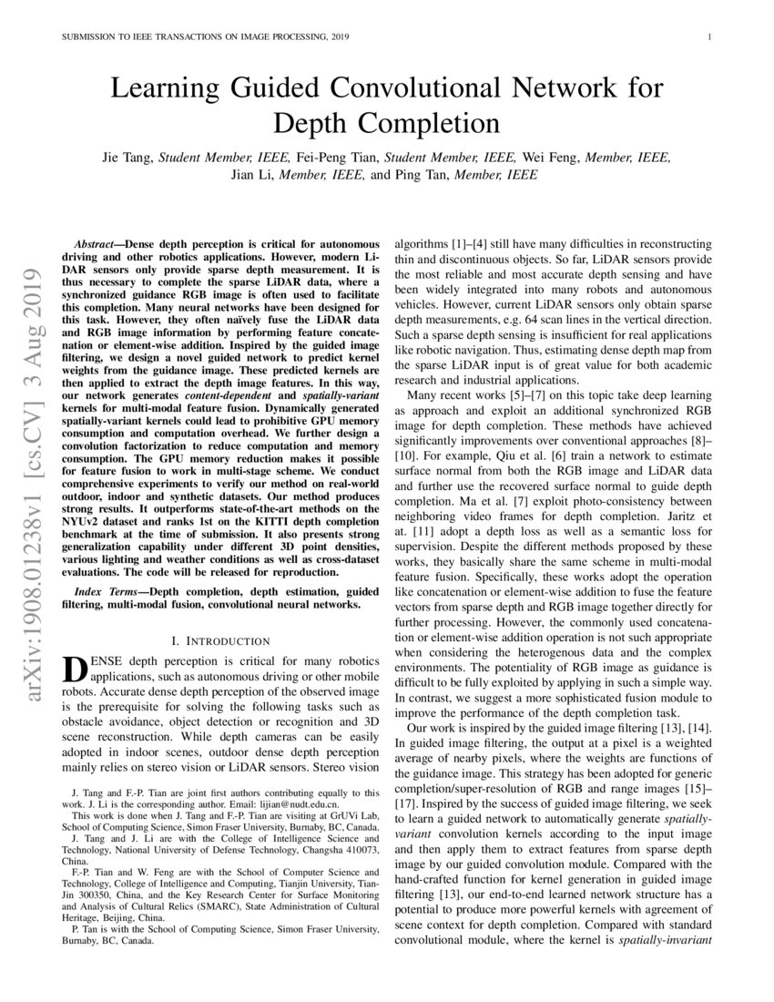 Learning Guided Convolutional Network for Depth Completion | DeepAI