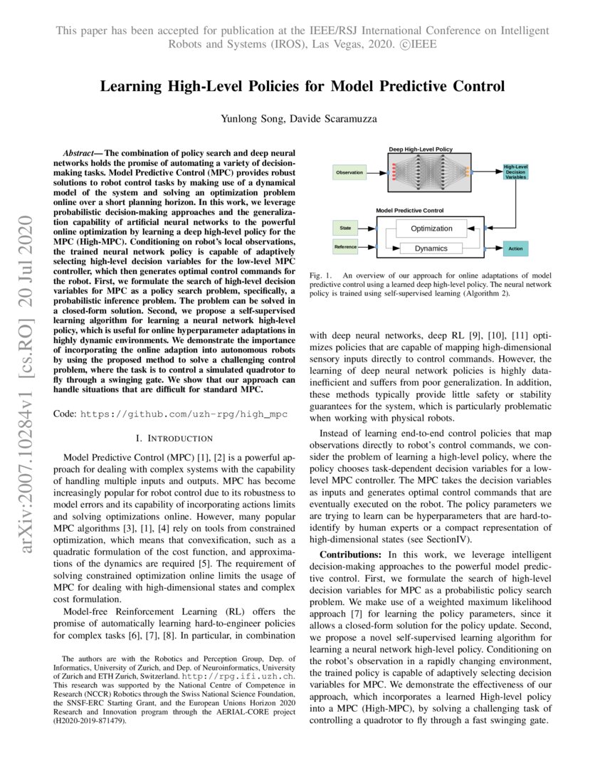 Learning High-Level Policies for Model Predictive Control | DeepAI