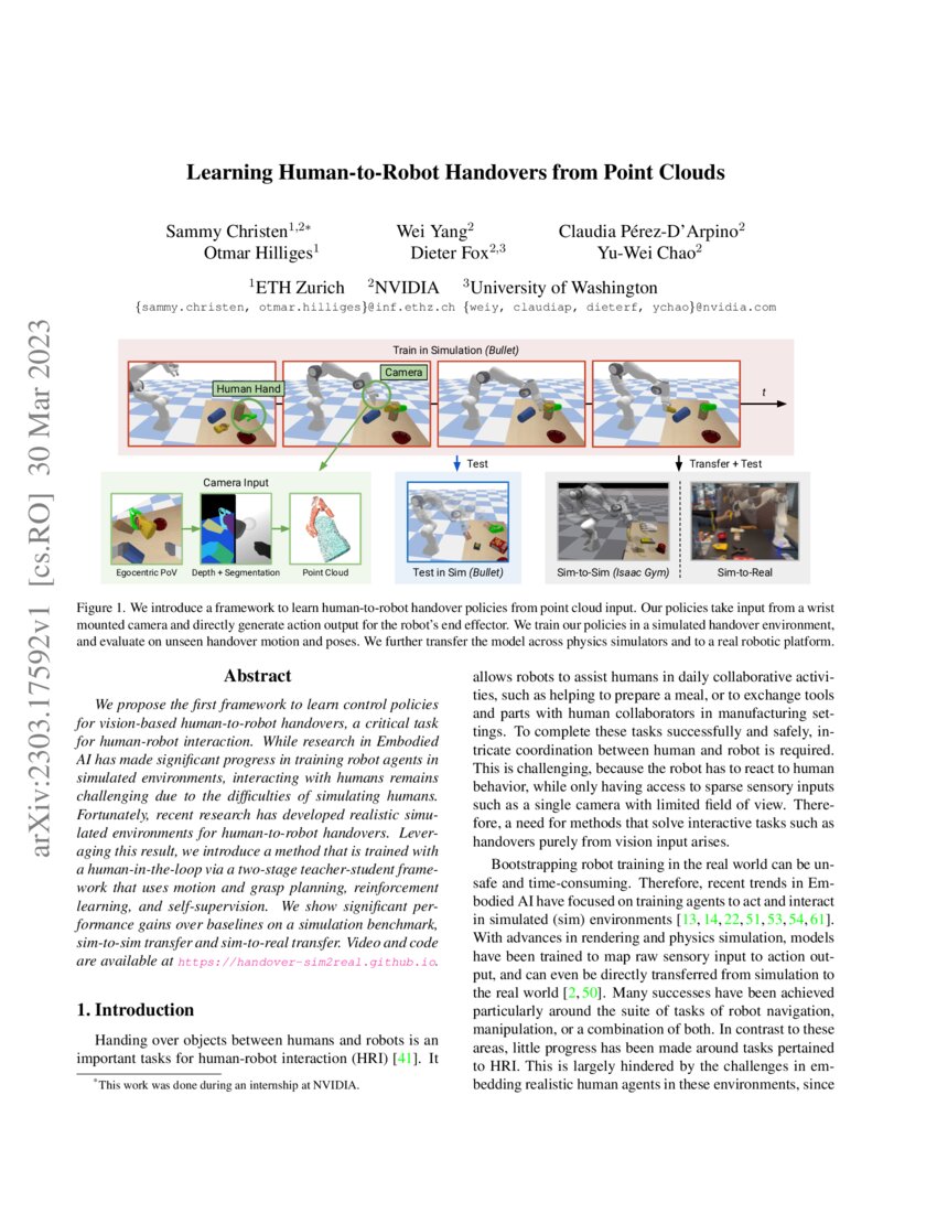 Learning Human To Robot Handovers From Point Clouds Deepai 7911