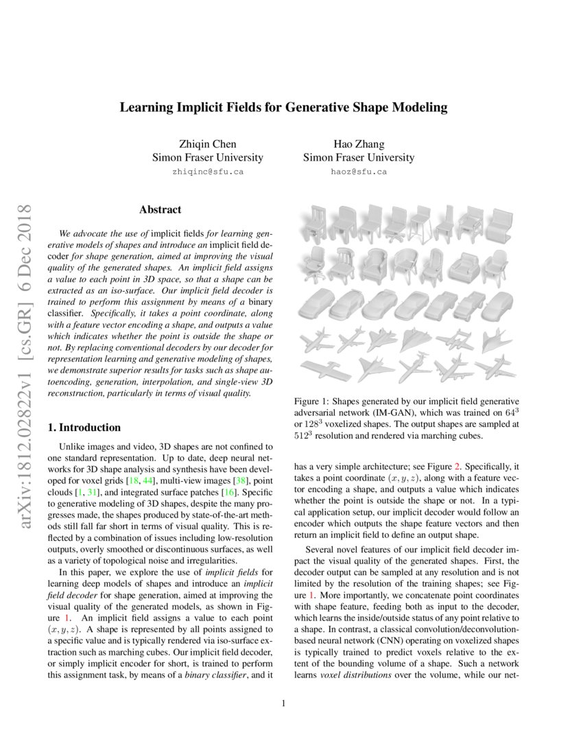 Learning Implicit Fields for Generative Shape Modeling | DeepAI