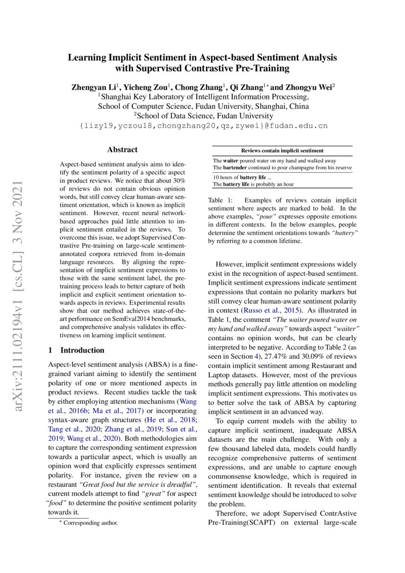 Learning Implicit Sentiment In Aspect Based Sentiment Analysis With Supervised Contrastive Pre