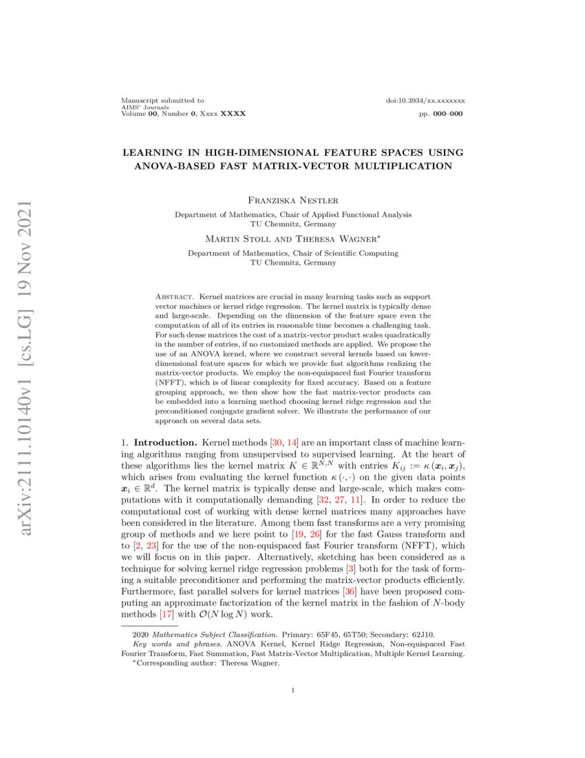 Learning in High-Dimensional Feature Spaces Using ANOVA-Based Fast Matrix-Vector Multiplication ...