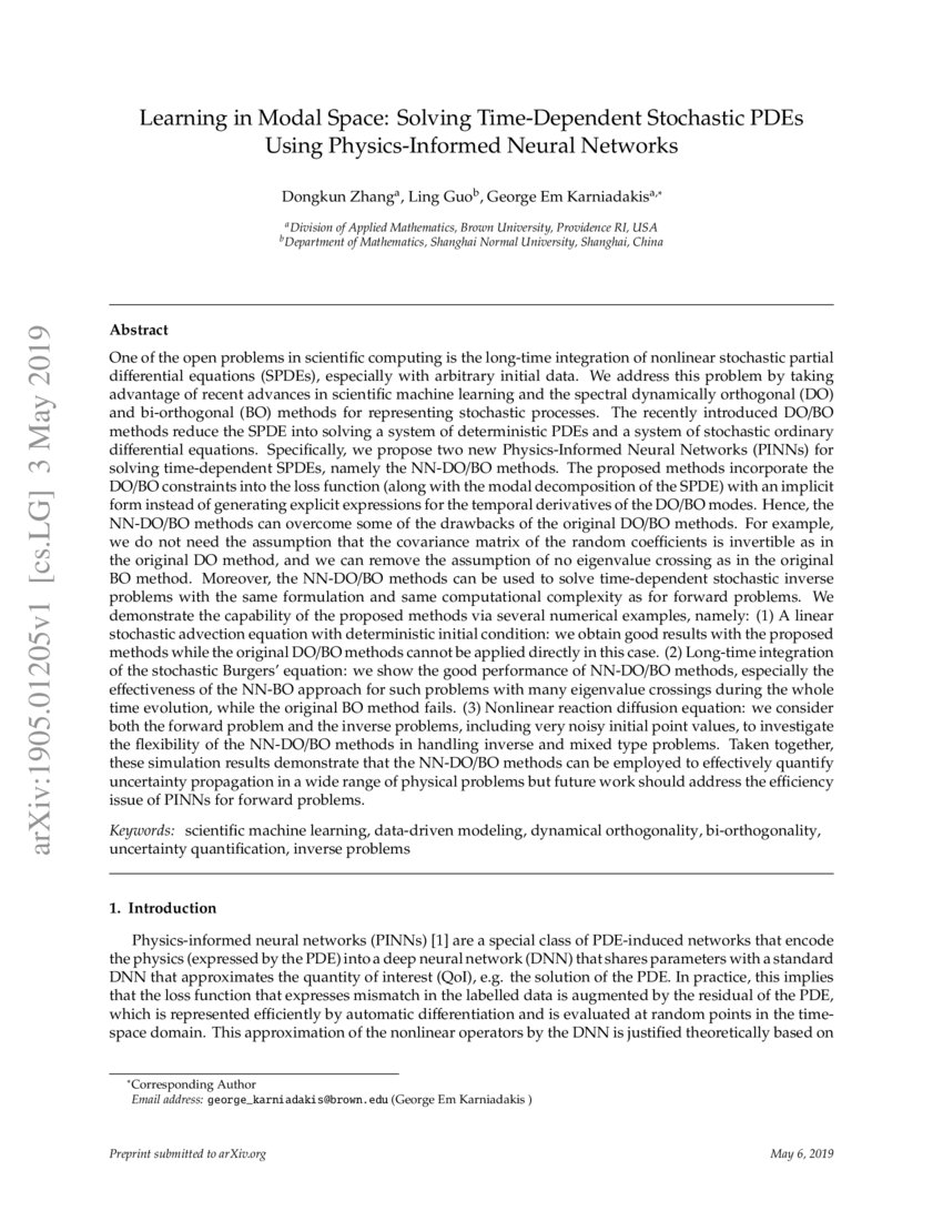 Learning In Modal Space Solving Time Dependent Stochastic Pdes Using Physics Informed Neural