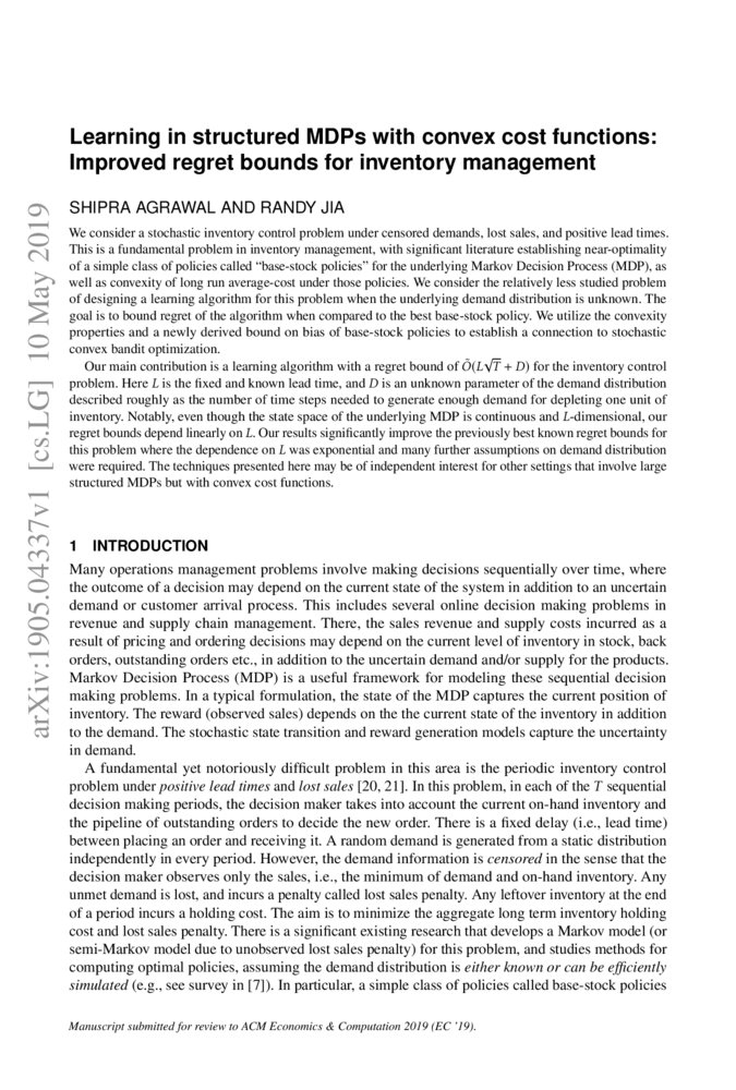 Learning In Structured Mdps With Convex Cost Functions Improved Regret