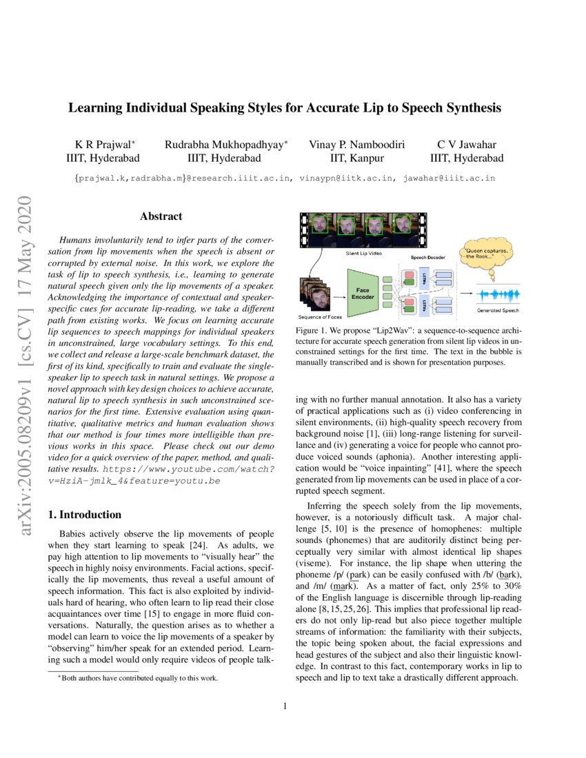 Learning Individual Speaking Styles for Accurate Lip to Speech Synthesis | DeepAI