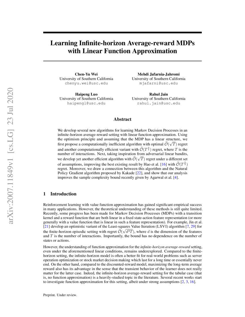 Learning Infinite Horizon Average Reward Mdps With Linear Function Approximation Deepai 