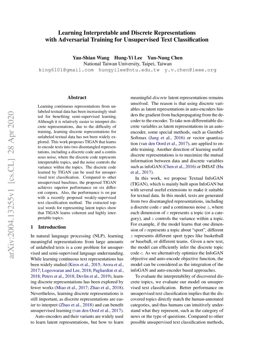 Learning Interpretable and Discrete Representations with Adversarial Training for Unsupervised ...