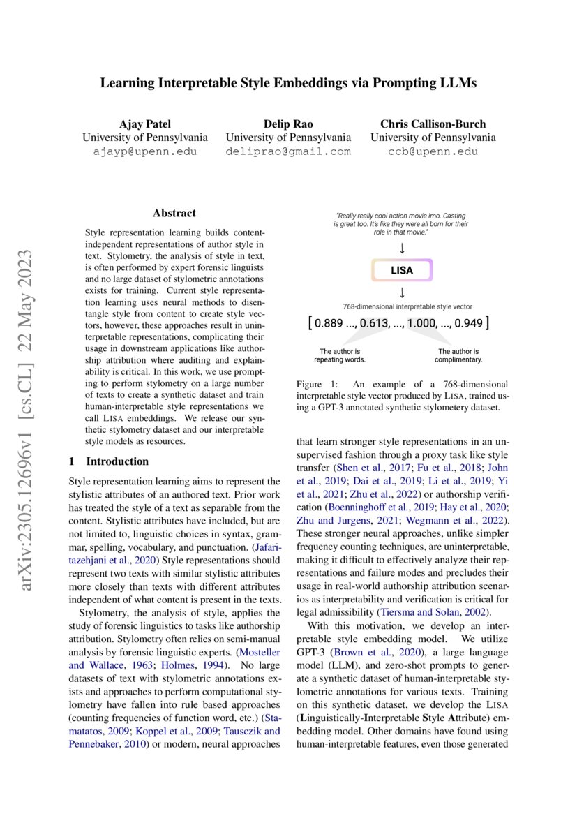 Learning Interpretable Style Embeddings via Prompting LLMs | DeepAI