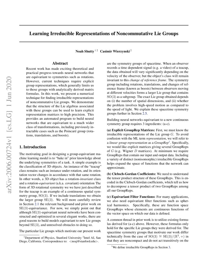 Learning Irreducible Representations of Noncommutative Lie Groups | DeepAI