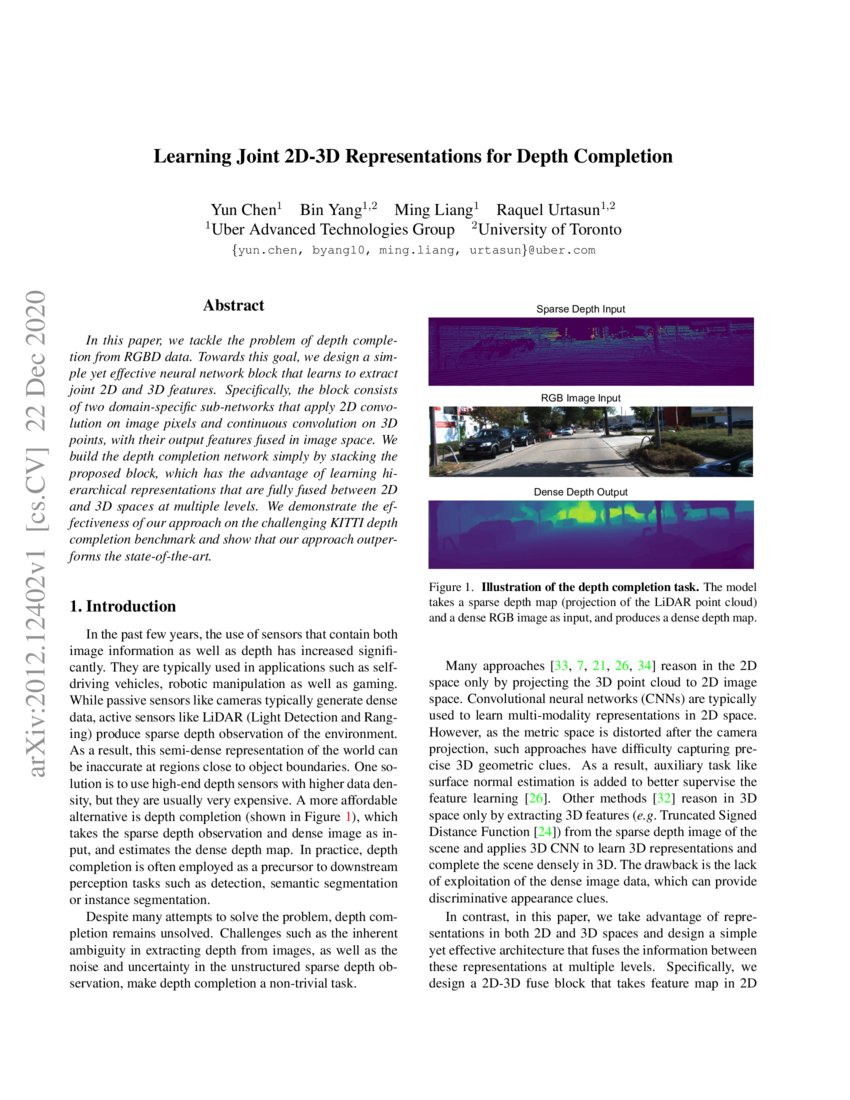 Learning Joint 2D-3D Representations for Depth Completion | DeepAI