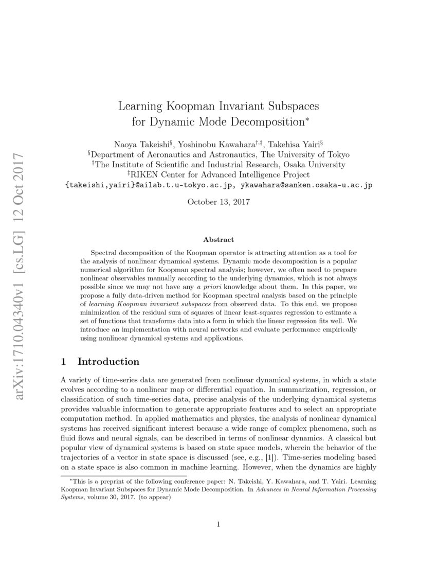 Learning Koopman Invariant Subspaces for Dynamic Mode Decomposition | DeepAI