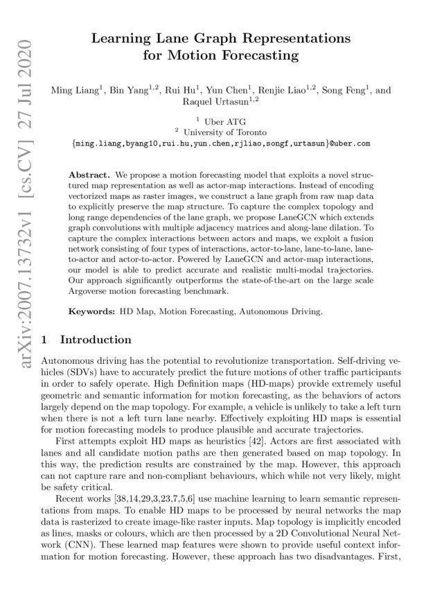 Learning Lane Graph Representations for Motion Forecasting | DeepAI