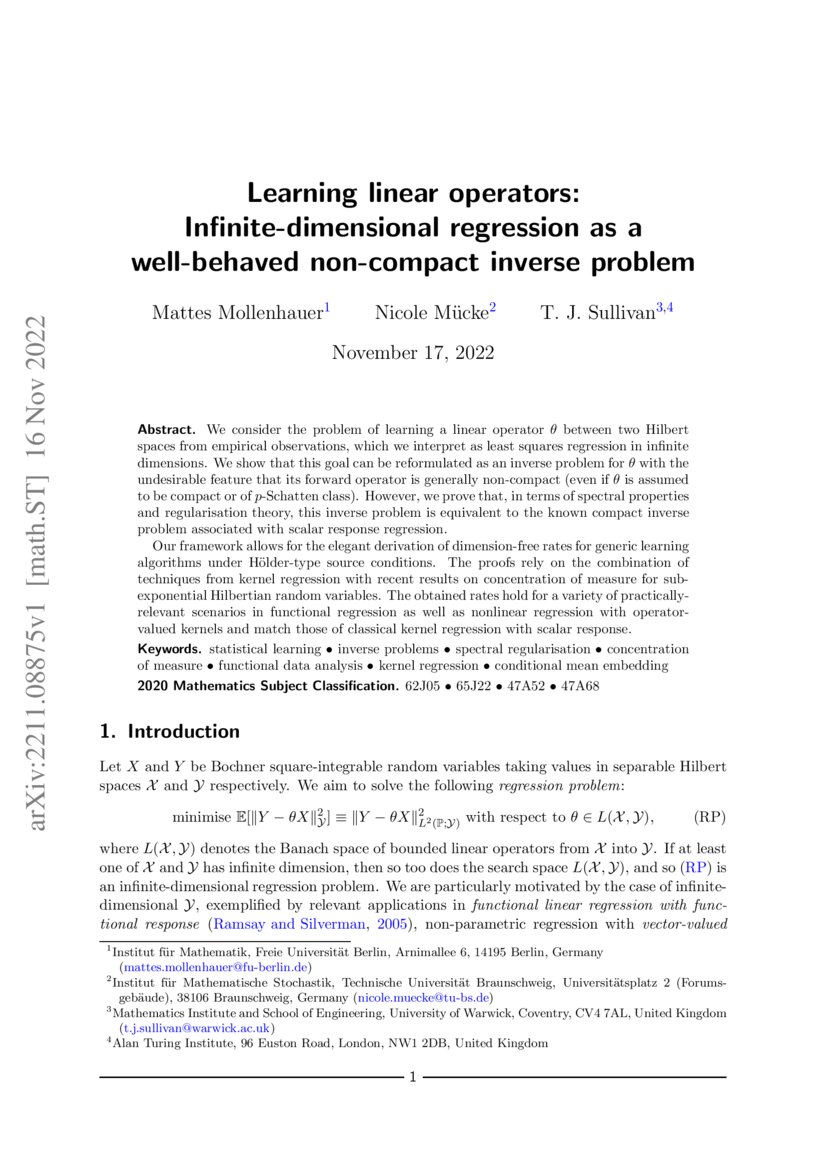 Learning linear operators: Infinite-dimensional regression as a well-behaved non-compact inverse ...