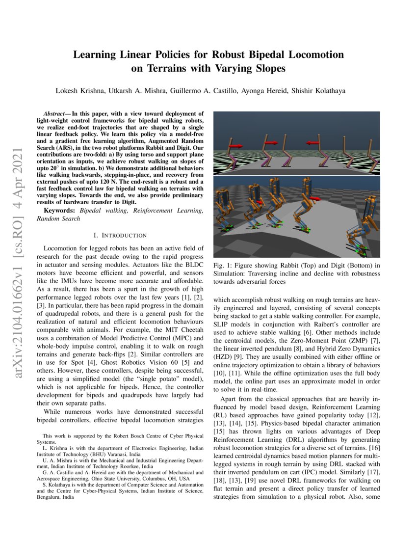 Learning Linear Policies for Robust Bipedal Locomotion on Terrains with Varying Slopes | DeepAI