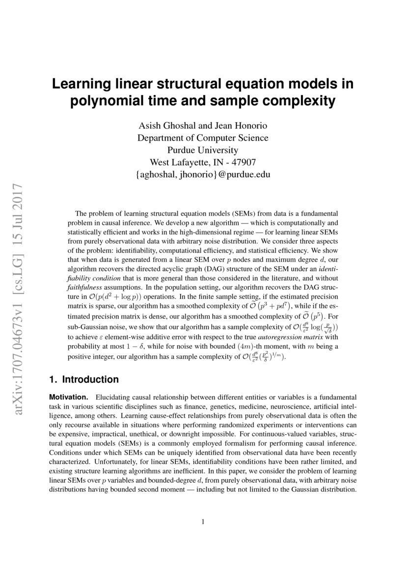 Learning Linear Structural Equation Models In Polynomial Time And Sample Complexity Deepai