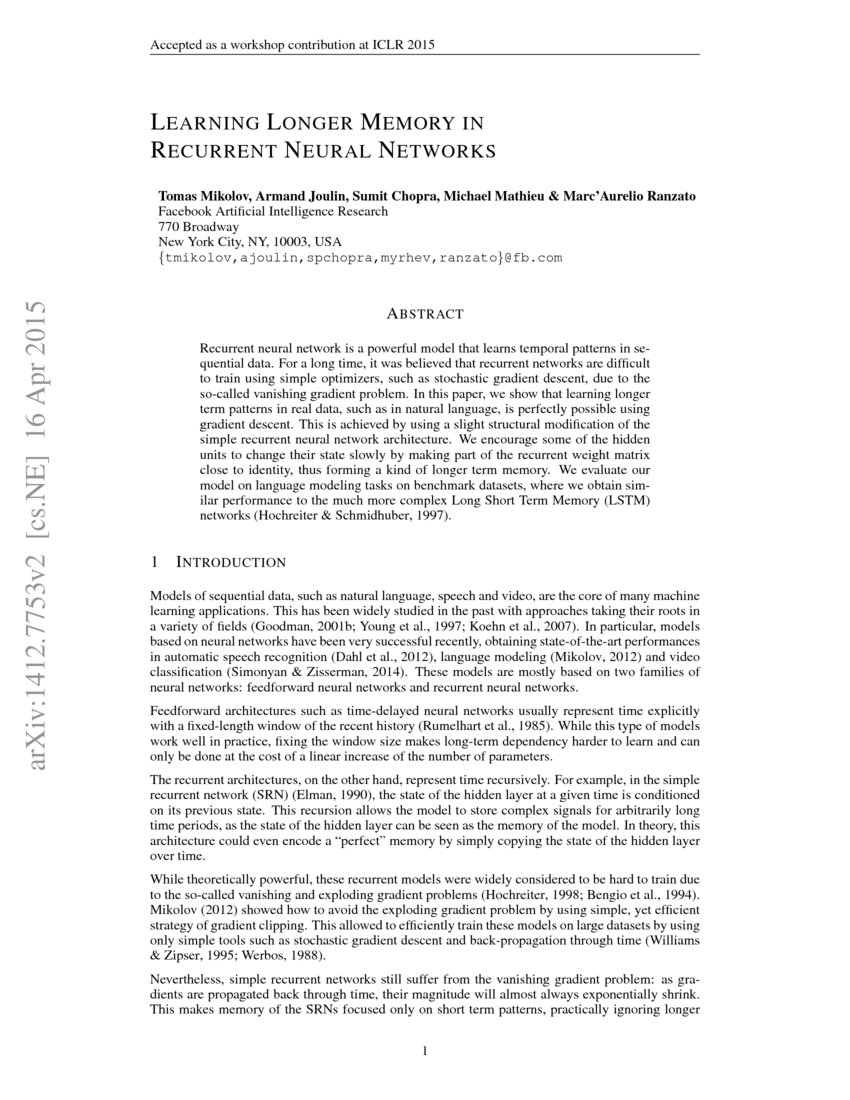 Learning Longer Memory in Recurrent Neural Networks | DeepAI