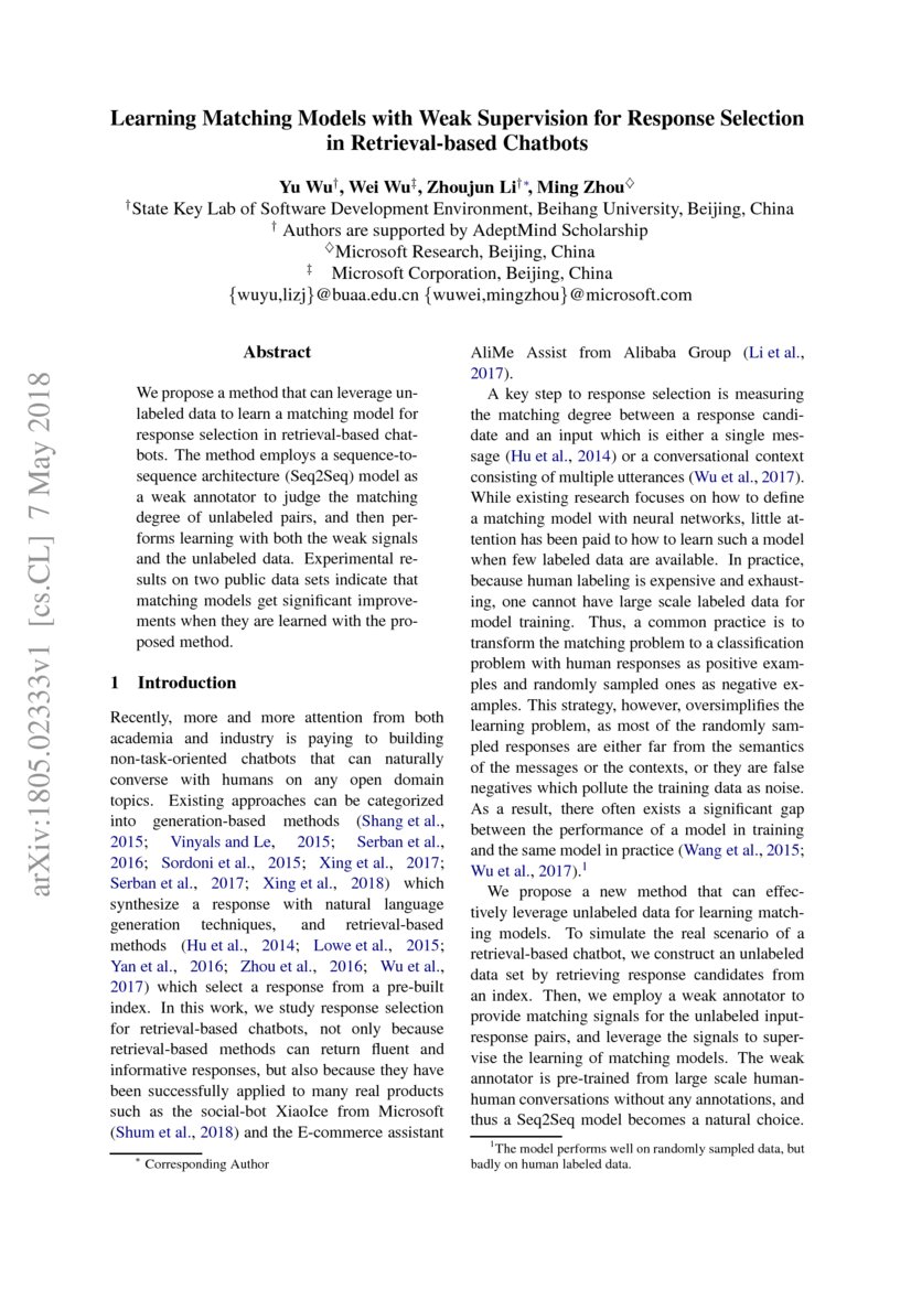 Learning Matching Models With Weak Supervision For Response Selection In Retrieval Based