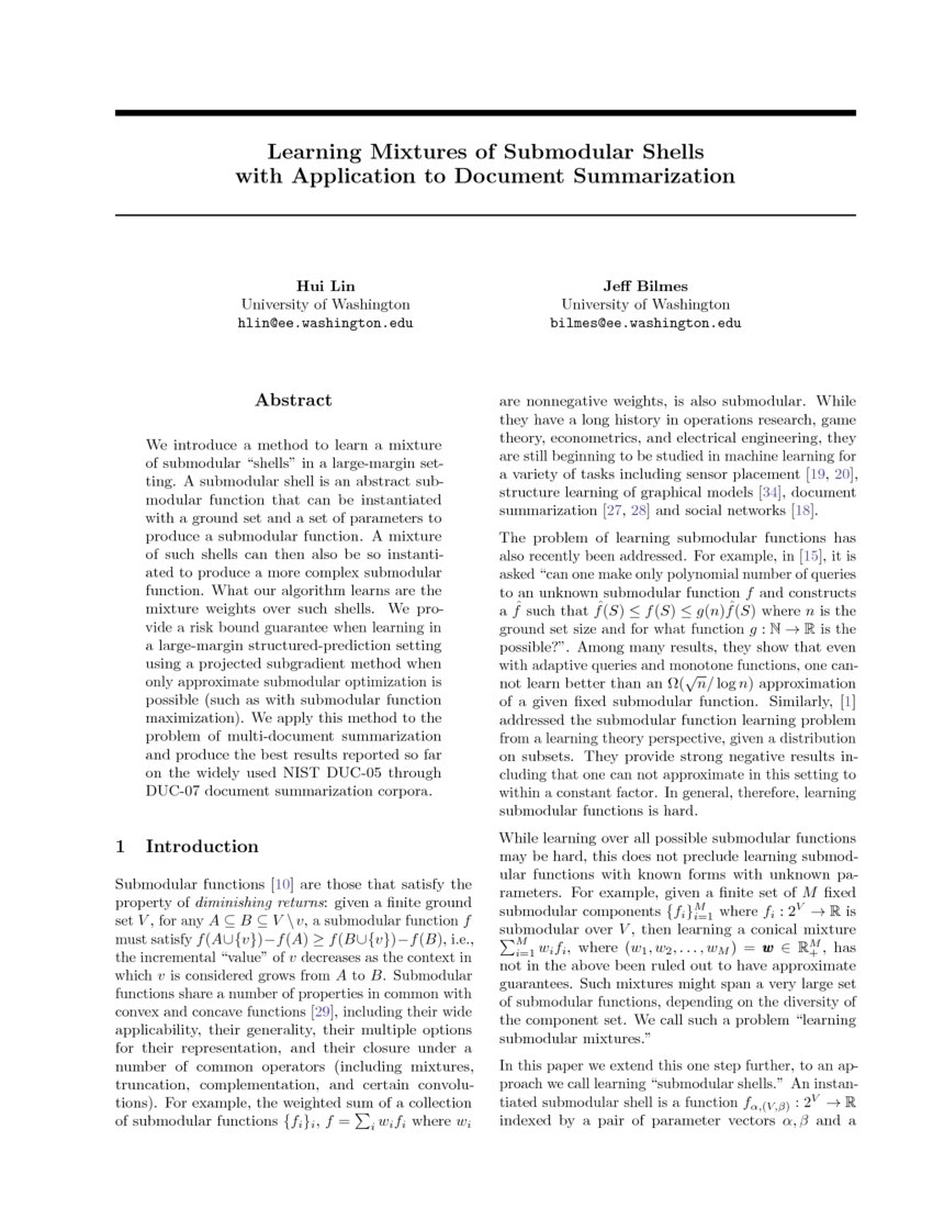 Learning Mixtures Of Submodular Shells With Application To Document